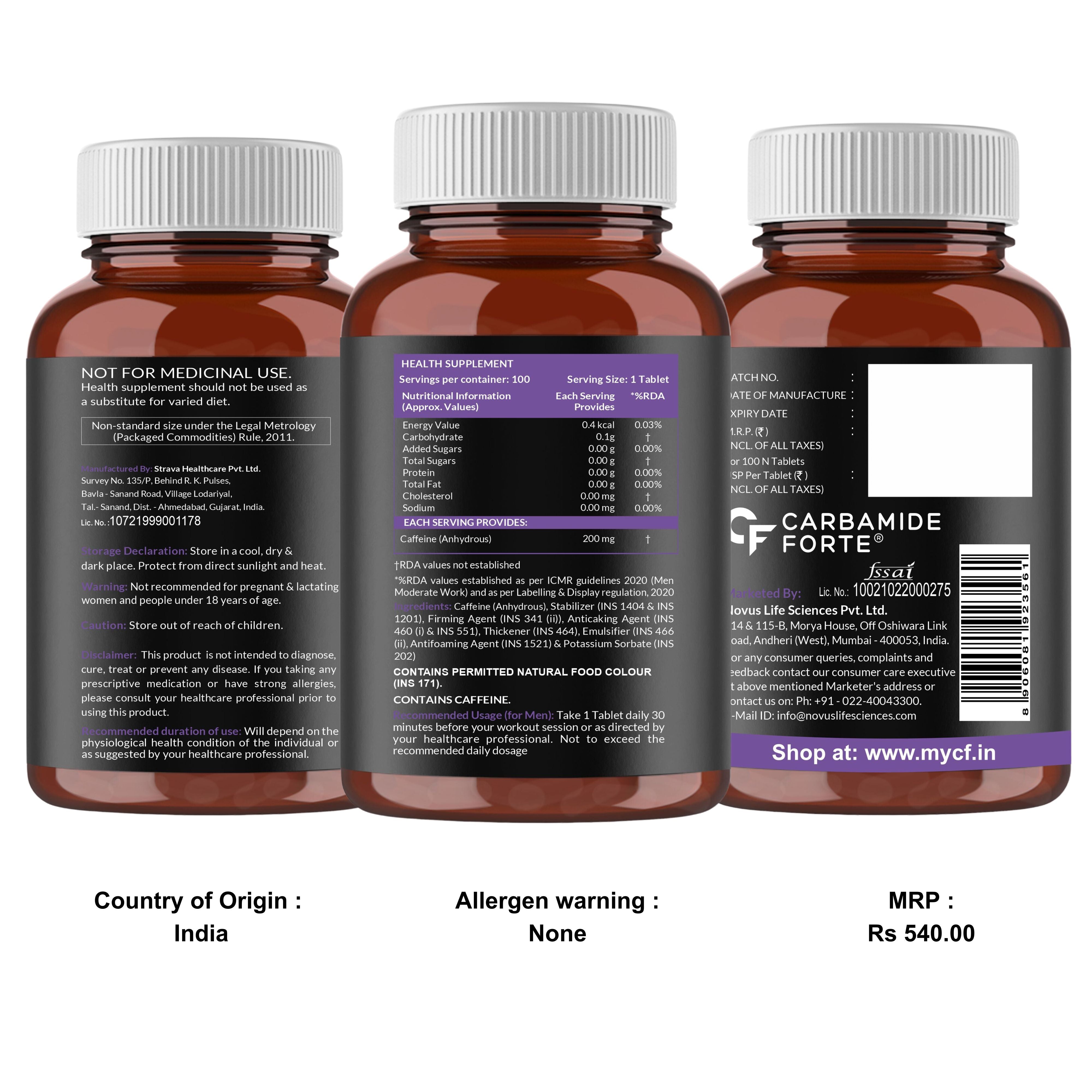 Carbamide Forte Caffeine 200mg Tablets for Men & Women |Pre-Workout Su