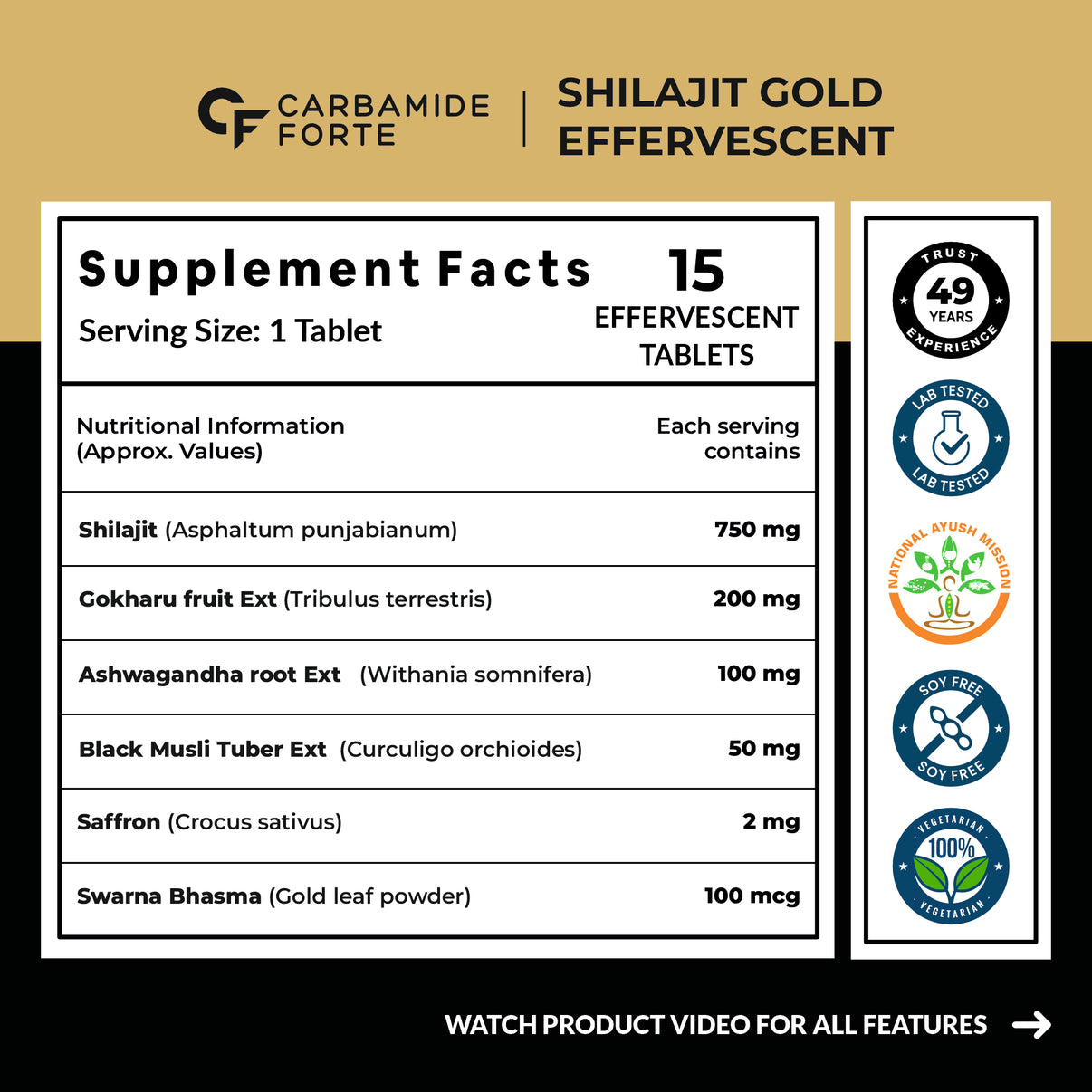 Shilajit Gold Effervescent Tablets 750 mg | 15 Tablets – Carbamide Forte