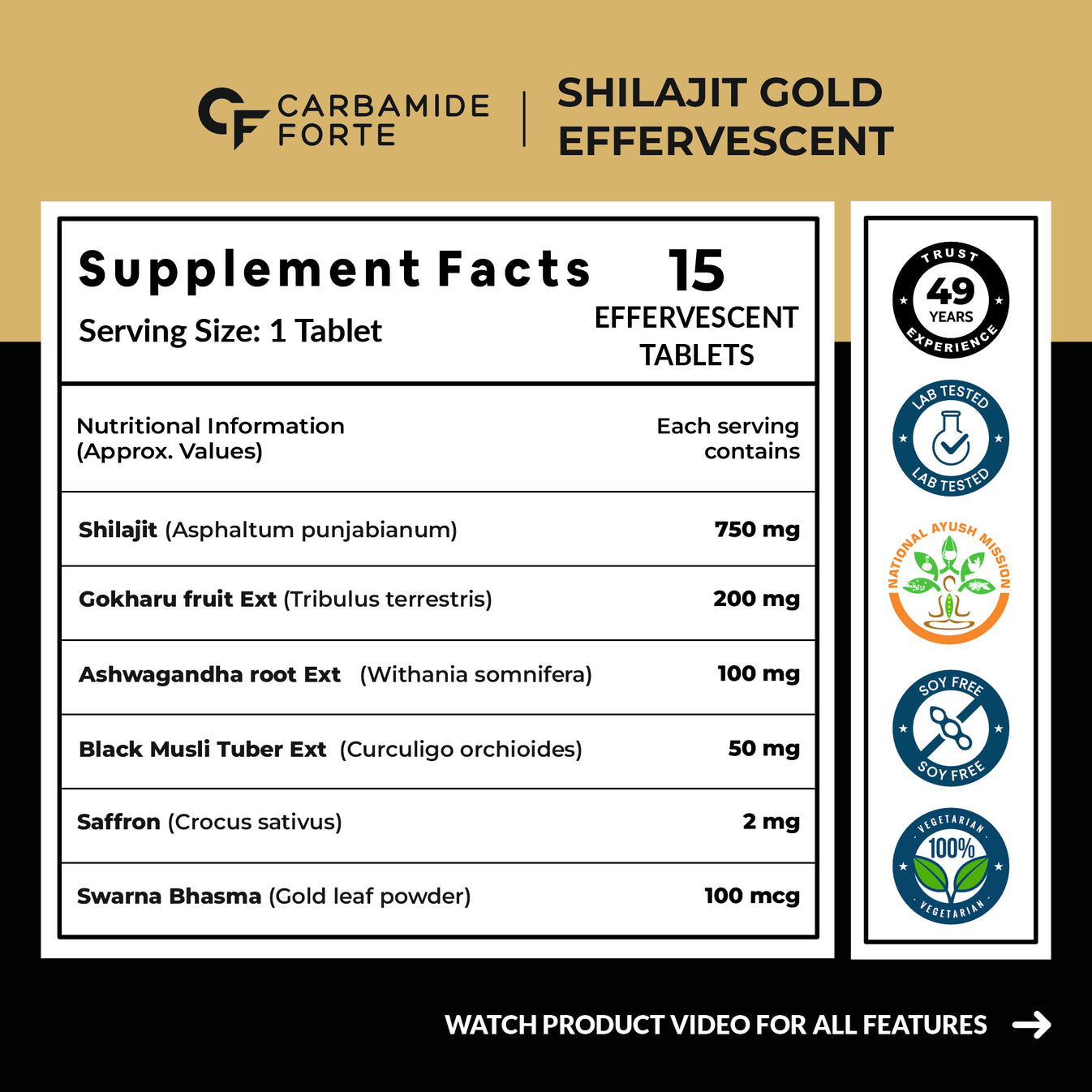 Shilajit Gold Effervescent Tablets 750 mg | 15 Tablets – Carbamide Forte